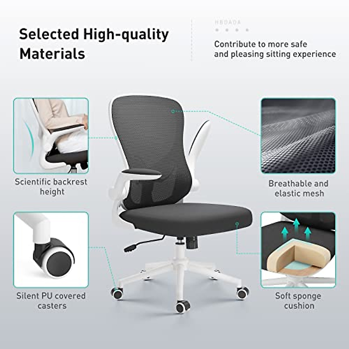 Hbada Ergonomic Office Chair Work Desk Chair Computer Breathable Mesh Chair with Adjustable Lumbar Support and Flip Up Arms, White
