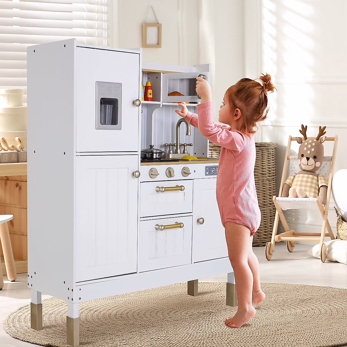 Clevich Play Kitchen, Wooden Kids Kitchen Playset, Pretend Chef Cooking Toy Set w/Realistic Lights & Sounds, Ice Maker, Telephone, Kitchen Accessories, Height Adjustable for Boys Girls Age 3+