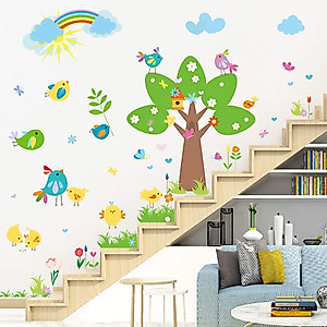 RW-1066 Cute Birds Animals Wall Decals Big Tree Wall Stickers Flowers Birds Animals Decals DIY Removable Birds Butterfly Wall Art Decor for Kids Baby Bedroom Living Room Nursery Classroom Decoration