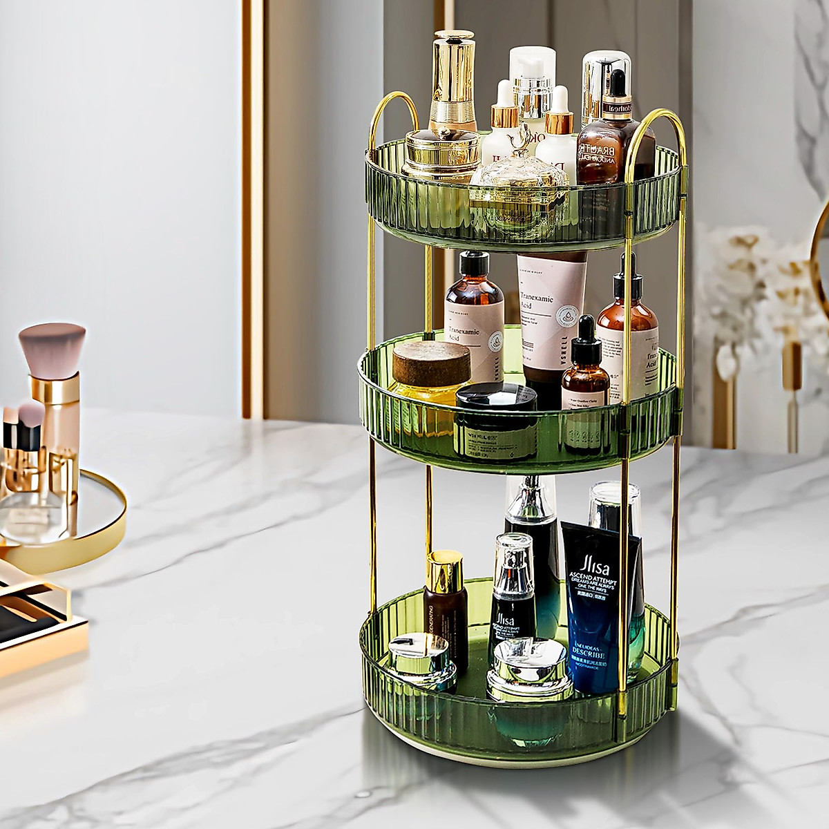 YEEYAA Rotating Makeup Organizer for Vanity,Large-Capacity Skincare Perfume Organizers,360° Spinning Cosmetics Storage Vanity Shelf Countertop,Make up Organizer Tray for Perfume,Skin Care,Lipsticks