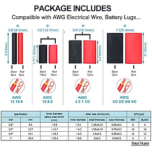 RockDIG 74PCS 1 3/4 1/2 3/8 Inch 3:1 Heat Shrink Tubing Assortment Kit Double-Wall Adhesive Lined Marine Grade Industrial Heat-Shrink Wrap Wire Tubing Black Red