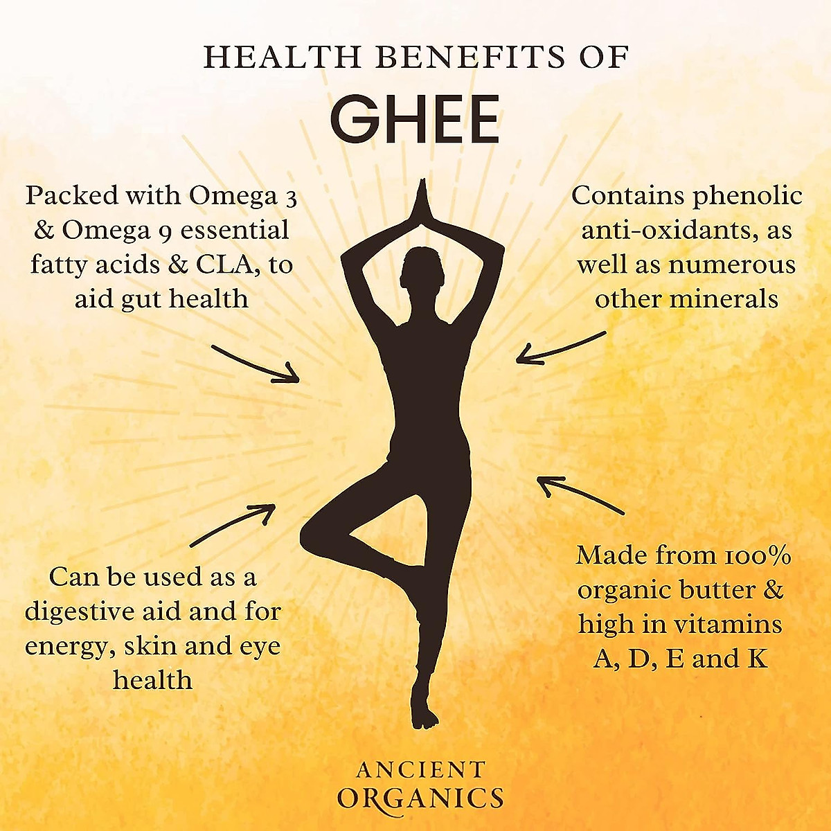 Ancient Organics Ghee, Organic Grass Fed Gluten Free Clarified Ghee Butter with Vitamins & Omegas, Lactose Reduced, 100% Certified Organic, Kosher, USDA Certified, Made in USA – 32 Fl Oz (Pack of 1)