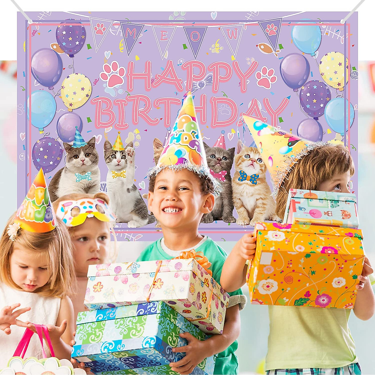 Cat Party Decoration Supplies - Cat Happy Birthday Backdrop Kitten Photography Background, for Cat Lover, Children Kids Cat Theme Birthday Decorations