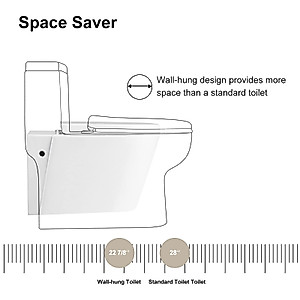 HOROW Wall Hung Toilet HR-TG02W, Compact Wall Mounted Toilet with Soft Closing Seat, 1.6 GPF/1.1 GPF Dual Flush Ceramic Round Wall Toilet for Bathroom, White Toilet Bowl