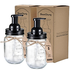 SheeChung Mason Jar Foaming Soap Dispenser - Rustproof Stainless Steel Lid&Foaming Soap Pump,Best Hand Foam Soap Dispenser Glass for Bathroom Vanities or Kitchen Sink,Countertops - Black (2 pk)
