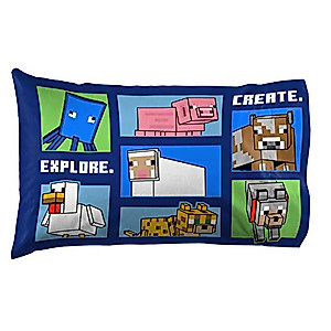Jay Franco Minecraft Explore Create Battle Survive 1 Single Pillowcase - Double-Sided Kids Super Soft - Bedding Features Creeper, Enderman, Zombie, & Skeleton