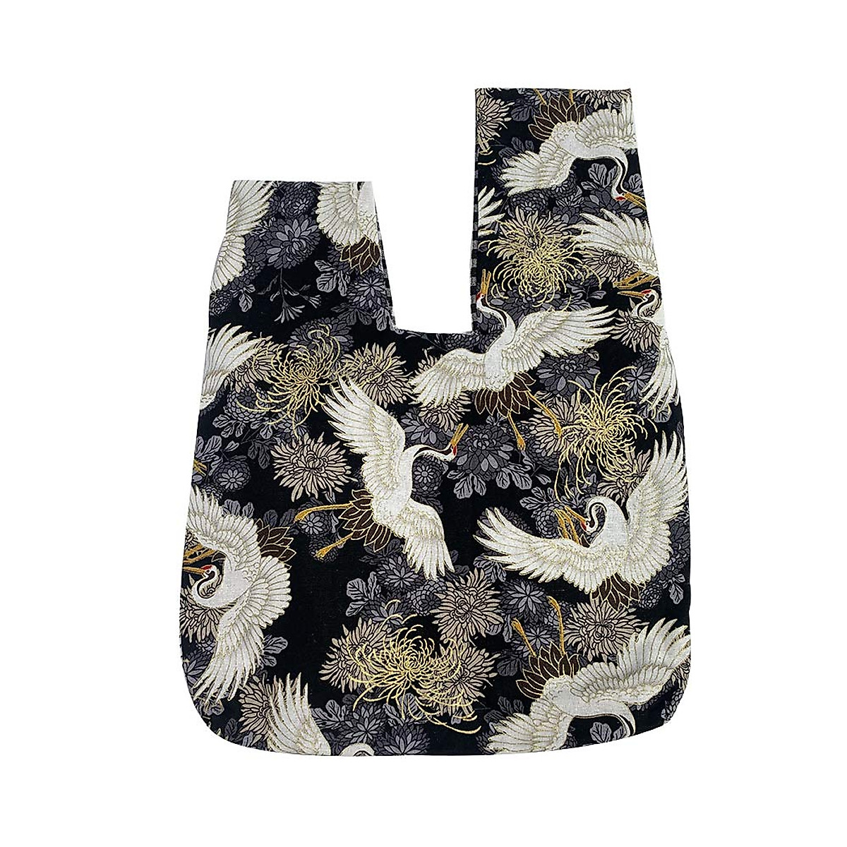 BAR Stylish Cotton Japanese Pattern Wrist Bag Sleeve Knot Pouch Portable Canvas Tote Purse for Female, Women (Black Grus Japonensis)