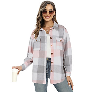 NIeyook Womens Casual Long Sleeve Color Block Plaid Shacket Flannel Lapel Button Down Fall Shacket Jacket Outwear Coats