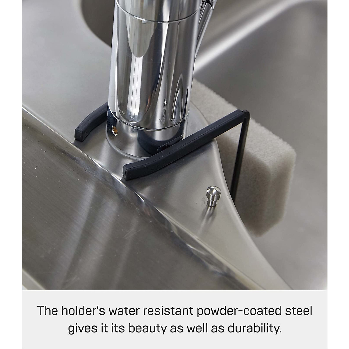 YAMAZAKI home 4389 Faucet-Hanging Sponge Holder-Kitchen Organizer Sink Rack Basket, One Size, Black