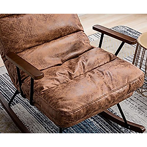 VESCASA Faux Leather Rocking Chair with Adjustable Cushioned Back, Overstuffed Nursery Rocker with Wood Arms, 22" W Lounge Glider Chair for Living Room/Bedroom/Reading, Brown