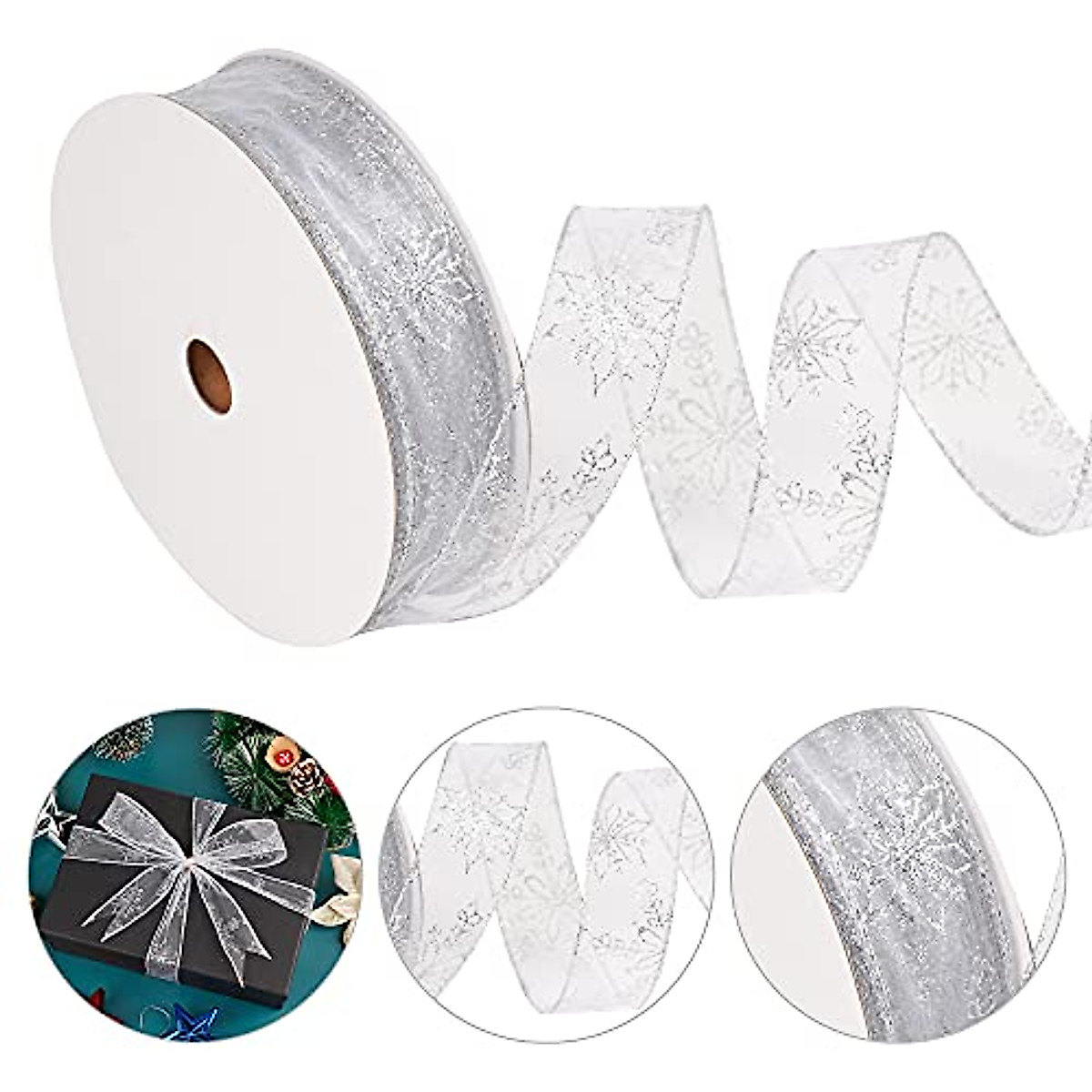 Snowflake Wired Sheer Glitter Ribbon Christmas Snowflake Ribbon 1.5" x 50 Yards for Gift Wrapping, Wreath Decoration, Garland, Tree Topper Bow, Winter, Gift Basket, Bows (Silver, 1.5inch)