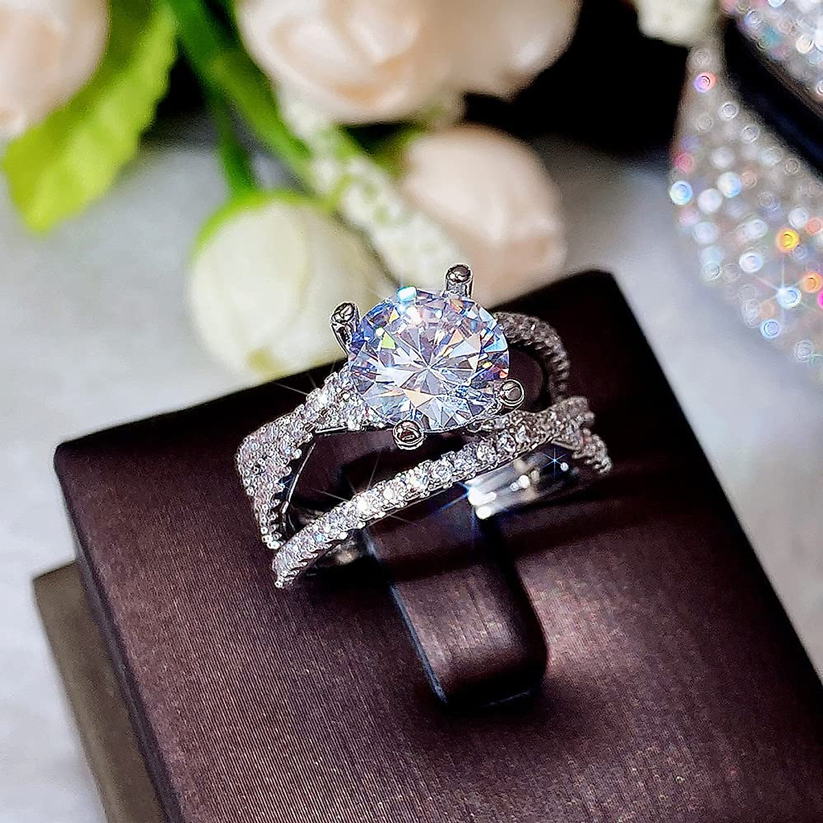 hsiyyecg Shiny Round Cut Cubic Zirconia Multi Row Cross Knot Women's Eternity Engagement Wedding Band Ring, X Cross Wrap Around CZ Rings Size 6-10 (US Code 8)