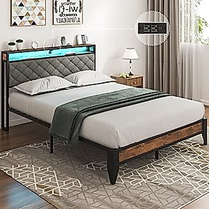 Osfvolr Queen Bed Frame with Charging Station and LED Light, Platform Bed Frame with 2 Tier Storage Upholstered Linen Headboard, Heavy Duty Metal Structure, 12 inch Under Bed Storage, Noise Free