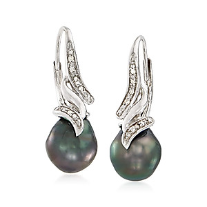 Ross-Simons 9-9.5mm Black Cultured Tahitian Pearl Drop Earrings With Diamond Accents in Sterling Silver