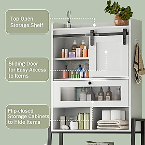 Over The Toilet Storage Cabinet, Storage Cabinet Over Toilet with Sliding Door & Toilet Paper Holder Stand, Freestanding Toilet Shelf Washer Shelf Space Saver Bathroom Organizer, White