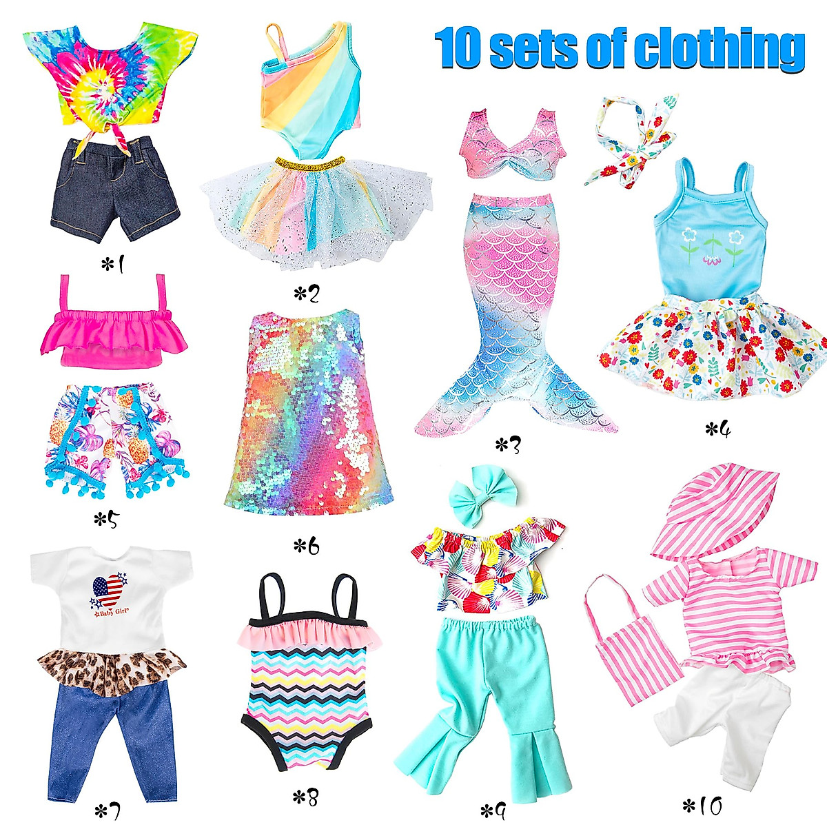 Fashion 10 Sets 18 inch Doll Clothes and Accessories Play Set inlcude Mermaid Shinning Dress Outfits Bikini Hat Handbag (No Doll)