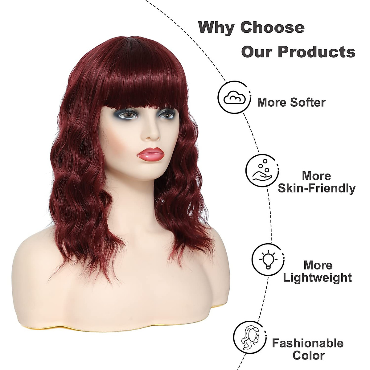 Red Burgundy Short Wavy Wigs with Bangs for Women, Wine Red Curly Shoulder Length, Bob Wigs for Women, Heat Resistant Fiber Natural Wigs for Daily Using