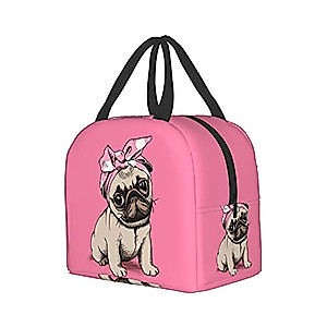 PrelerDIY Cute Pink Pug Lunch Box - Insulated Lunch Bags for Kids Boys Girls Reusable Lunch Tote Bags, Perfect for School/Camping/Hiking/Picnic/Beach/Travel