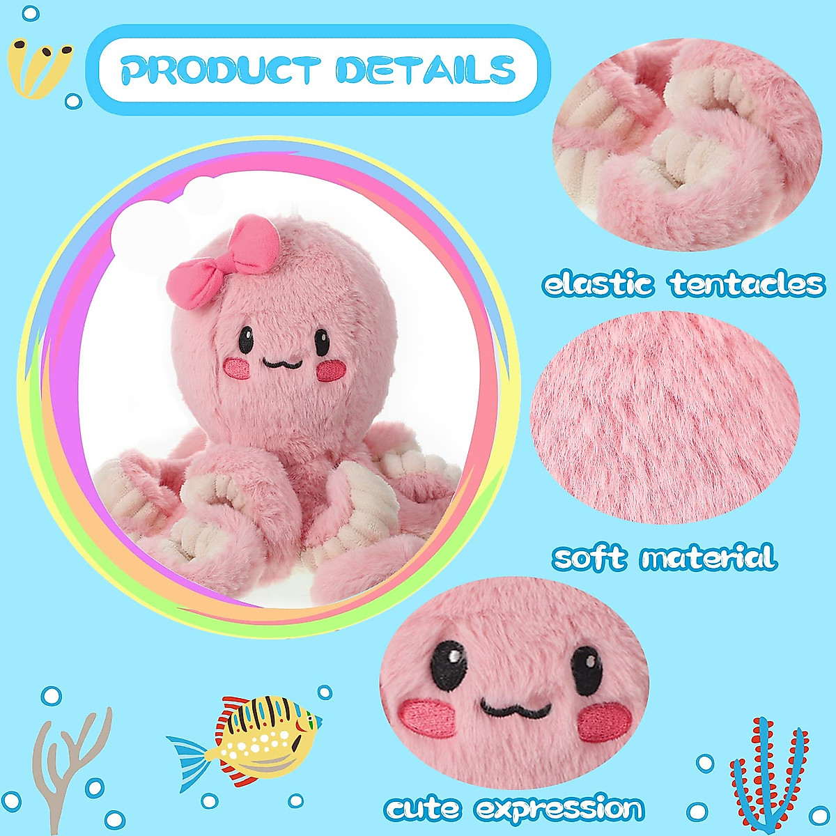 2 Pcs Octopus Stuffed Animals 16 Inches Cute Summer Plush Doll Play Toy Octopus Animal Soft Toy Marine Doll for Gender Reveal Party Teens Adults Birthday Holiday Presents