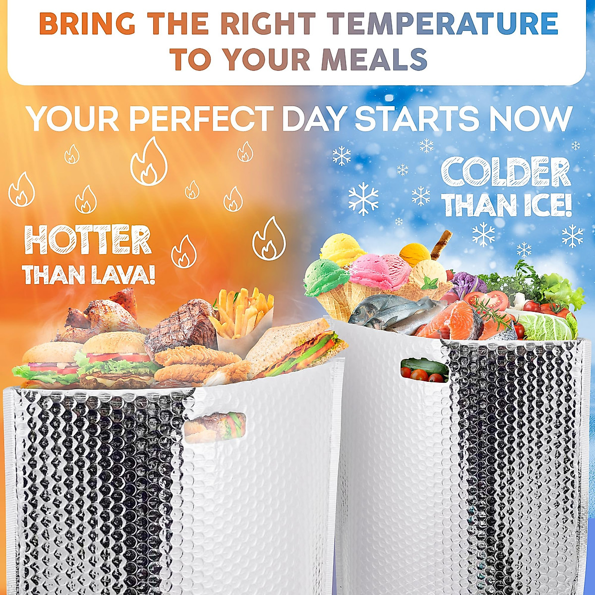 APQ Insulated Foil Bag with Handles, 8 x 8 x 8 Inches. 10 Pack Thermal Bags for Frozen Food. Metallized Foil Insulated Box Liners with Bubble Cushion. Insulated Shipping Bags for Food, Cosmetics