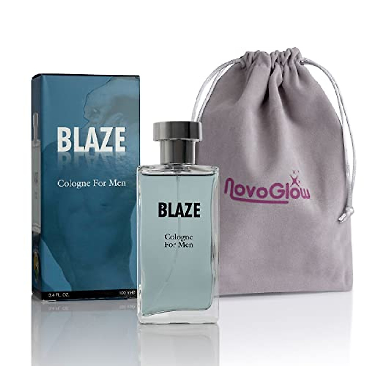 NovoGlow Blaze Eau de Parfum Cologne for Men With Luxurious Suede Pouch - Marine Breeze, Sandalwood And Sensual Musk Wood Notes– 100ml – 3.4 oz – Great Gift For Men