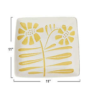 Creative Co-Op Hand Painted Stoneware Plate with Wax Relief Flowers, Multicolor, Set of 6, 11" L x 11" W x 1" H (DF6593SET)