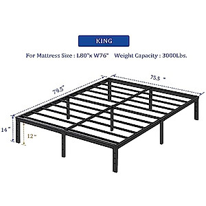 YUSENHEEI 14 Inch King Size Bed Frame, No Box Spring Needed, Heavy Duty Metal Platform Bed Frame with Large Underbed Storage Space, Noise Free, Easy Assembly, Black