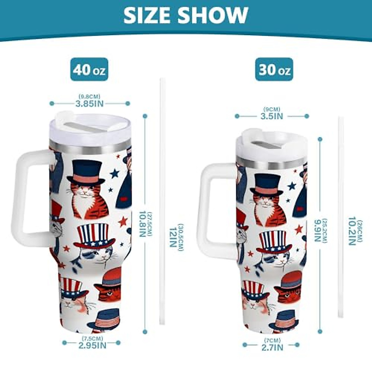 Maunzc 40 oz Tumbler with Handle and Straw, Insulated Stainless Steel Travel Mug with Lid for Coffee, Iced Tea, Water, Gift for Men Women (Gentleman Cats)