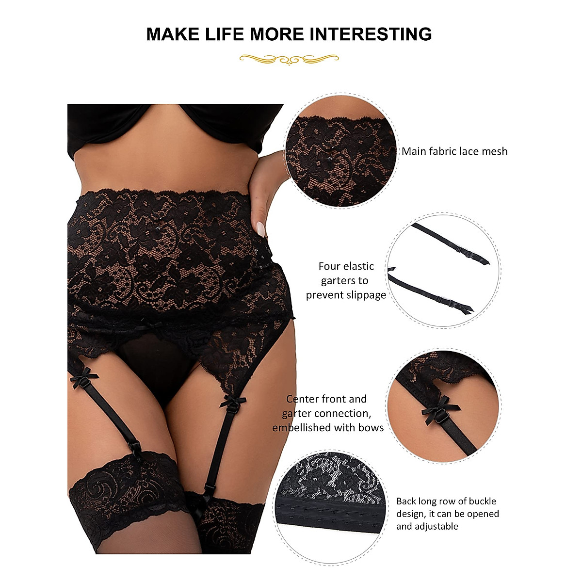 Plus Size Garter Belt High Waisted Sexy Lace Garter Panty Suspender Belt with 4 Clips for Women's Stockings M-5XL (Black, X-Large)