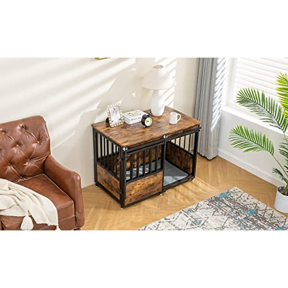 KOOPRO 40 Inch Dog Crate Furniture with Cushion for Large Medium Dogs, Wooden Heavy Duty Dog Kennel with Double Doors, Decorative Pet House Dog Cage Side End Table Indoor, Sliding Door Chew-Resistant