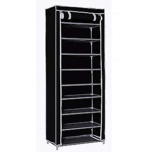 SoSo-BanTian1989 Black 10 Tiers Metal Tube Frame Shoe Rack with Dustproof Cover, 27 Pairs Shoes Cabinet Closet Storage Organizer Tower Shelf