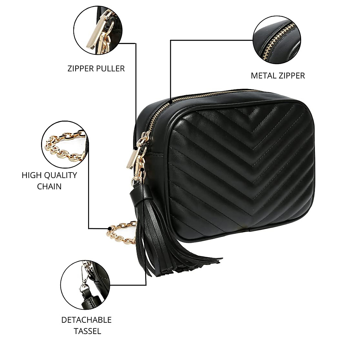 Daisy Rose Quilted Chevron Shoulder Cross Body Bag & Detachable Tassel, PU Vegan Leather - Black