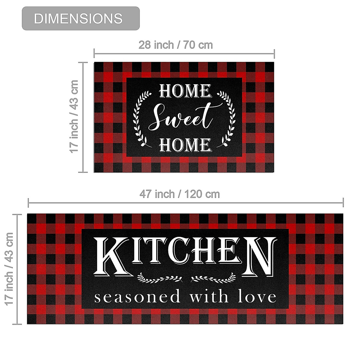 HOLVDENG Red Buffalo Plaid Kitchen Mat Set of 2 Non Slip Thick Kitchen Rugs and Mats for Floor Comfort Standing Mats for Kitchen, Sink, Office, Laundry, 17"x47"+17"x28"