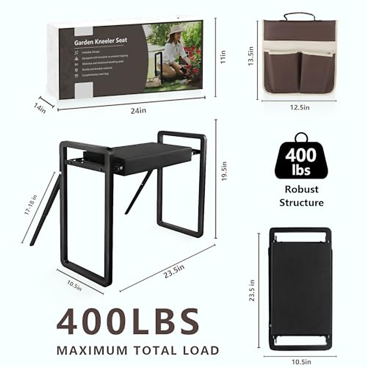 Onadak Anti-Tipping Garden Kneeler and Seat,Foldable Garden Stool Heavy Duty Gardening Bench,Garden Kneelers for Seniors,Great Gardening Gifts for Women and Men, Bench Comes with Tool Pouch,Black