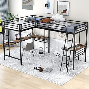 Quarte Simple Metal L-Shaped Loft Bed with Two Built-in Desks,Guardrails and Ladders,for Family Kids Teens,No Box Spring Needed