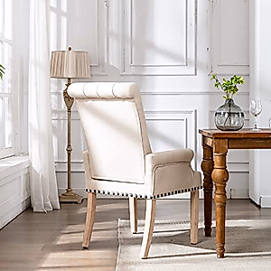 FUNESI Linen Wingback Dining Chair,Thick Tufted Upholstered Design with Armrests and Light Color Solid Wood Legs for Kitchen (Beige)
