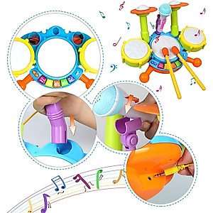 POKONBOY Kids Drum Set for Toddler 1-3, Musical Instruments Learning Toys with 2 Drum Sticks Adjustable Microphone Birthday for Boys Girls 6 12 18 Month (Yellow)