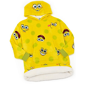 SpongeBob SquarePants Kids Wearable Hooded Blanket | Boys & Girls Yellow All Over Print Fleece Hoodie | Cozy Loungewear