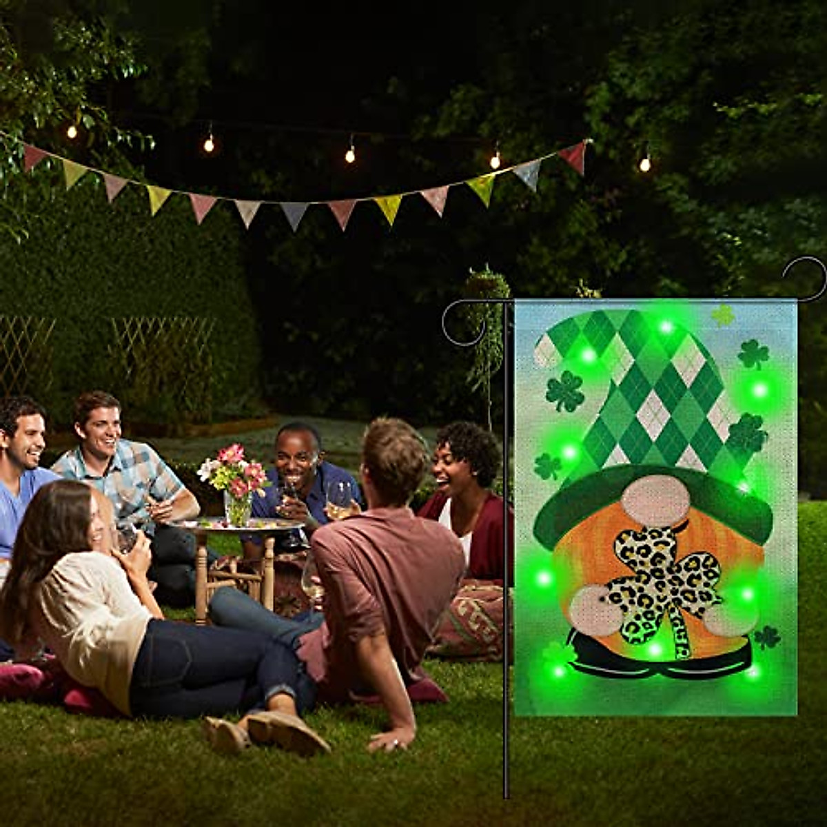 St Patrick's Day Garden Flag with Green Led Lights Good Shamrock Luck Truck Gnome 12 X 18 Inch Double Sided Garden Flag Durable Burlap Shamrock Garden Flag for Lawn Party Outdoor Decorations (Gnome-3)