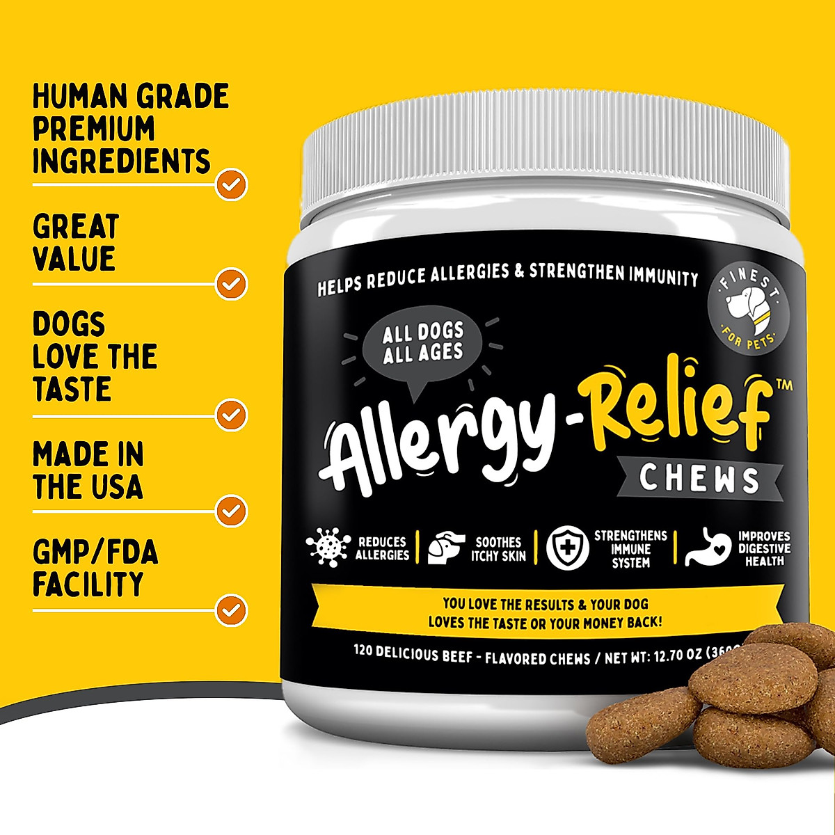 Dog Allergy Relief - Dog Allergy Chews Itch Relief, Seasonal Allergy Support for Itchy Skin, with Omega 3, Pumpkin & Probiotics (120 Soft Chews)