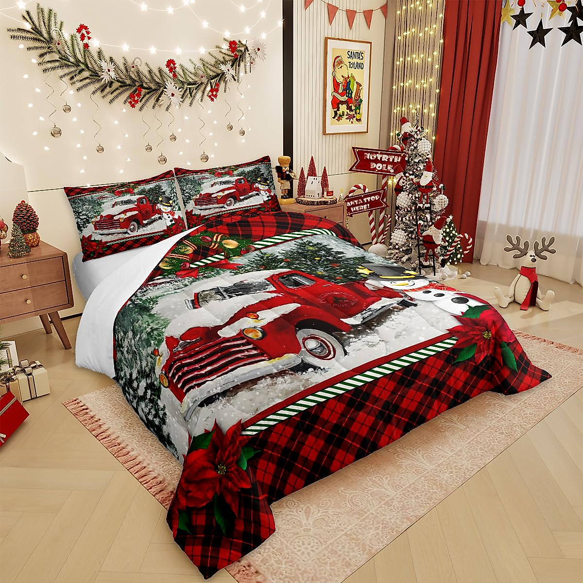 Homewish Christmas Truck Comforter Set Queen Size Kids Girls Boys Red Plaid Decor Pine Tree Bedding Set 3pcs Winter Snow View Quilt Set Happy New Year Gifts Duvet Insert with 2 Pillowcases