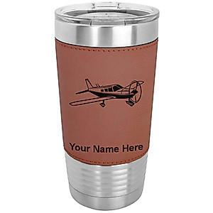 LaserGram 20oz Vacuum Insulated Tumbler Mug, Low Wing Airplane, Personalized Engraving Included (Faux Leather, Dark Brown)