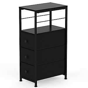 YBING Narrow Dresser, Side Table with 3 Fabric Drawers, Slim Dresser with Open Shelves, Slim Bedside Table for Bedroom, Small Spaces, Black