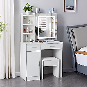 Logimiz Vanity Desk with Mirror and Lights-3 Colors and Brightness Adjustable, Girls Makeup Vanity with Hiding Shelves, White Vanity Set with Cabinets, Drawers and Cushioned Stool