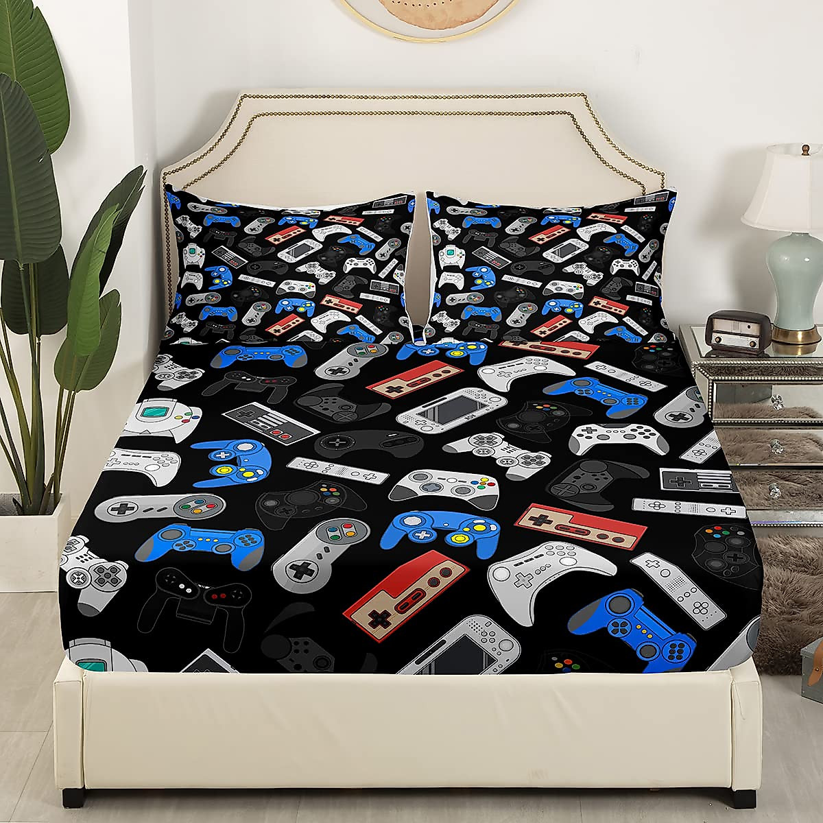 Teens Gamepad Fitted Sheet Modern Gamer Fitted Bed Sheet Twin Size for Kid Boy Children Video Game Bedding Set Player Gaming 2 Piece Bedding Decor Set Breathable Decorative Room(No Flat/Top Sheet)