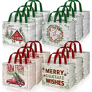 Whaline 16 Pack Christmas Non-Woven Bags Rustic Wood Grain Truck Tree Pattern Reusable Tote Gift Bag Merry Christmas Shopping Totes with Handles for Xmas Holiday Party Favor Supplies, 4 Designs
