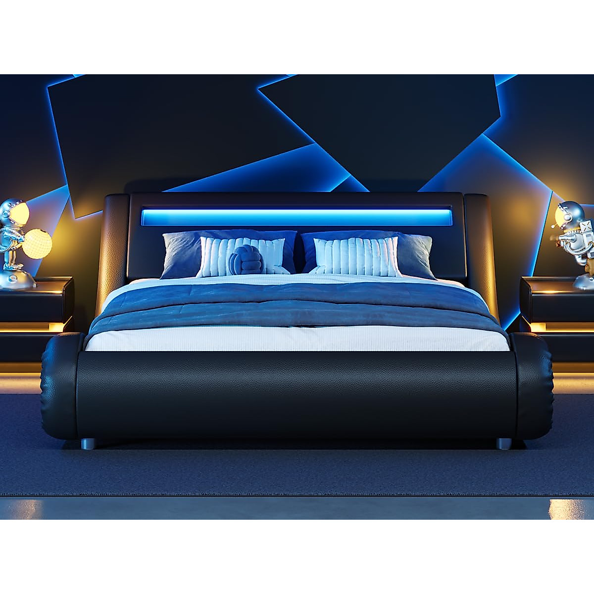 WEEWAY Modern Queen Bed Frame with RGBW LED Lights Headboard, Low Profile Upholstered Platform Sleigh Design, Strong Wood Slats Support, No Box Spring Needed, Black