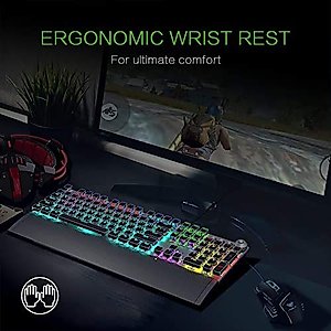 Fiodio Mechanical Gaming Keyboard, LED Rainbow Gaming Backlit, 104 Anti-ghosting Keys, Quick-Response Black Switches, Multimedia Control for PC and Desktop Computer, with Removable Hand Rest