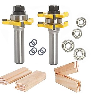 Sinoprotools Tongue and Groove Router Bit Set 1/2 Inch Shank, 1-3/4" Cutting Diameter, 3 Teeth Adjustable T Shape Wood Milling Cutter, 2pcs Tongue and Groove Router Bits for Woodworking