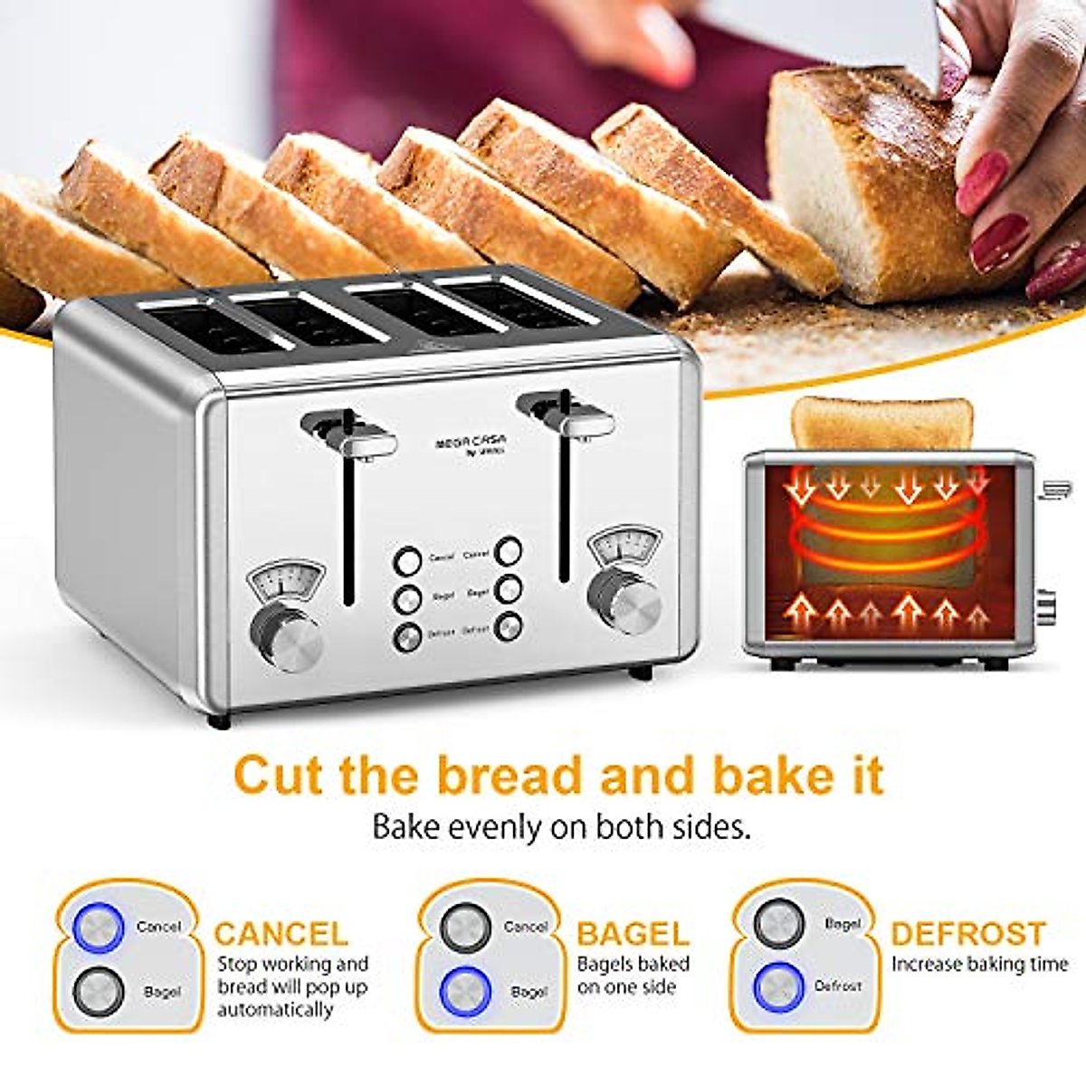 Toaster 4 slice,whall Stainless Steel Toaster 6 Bread Shade Settings,Bagel/Defrost/Cancel Function with Dual Control Panels,Removable Crumb Tray,Extra Wide Slots,for Various Bread Types 1500W